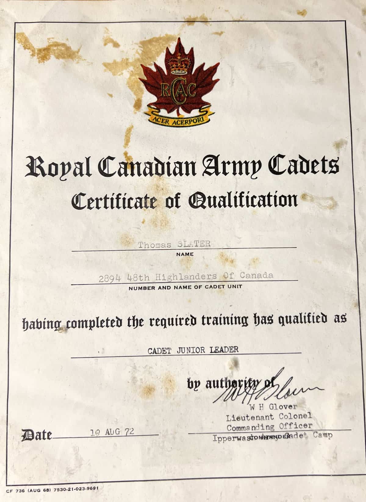 Cert. of Qualification Royal Canadian Army Cadets - 48th Highlanders ...