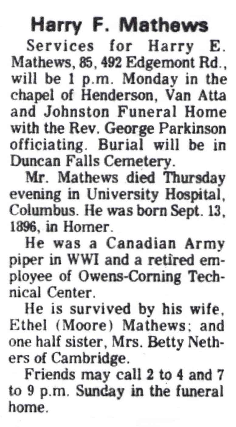 Piper MATHEWS, Harrison (Harry) Elmore - 48th Highlanders Museum Online