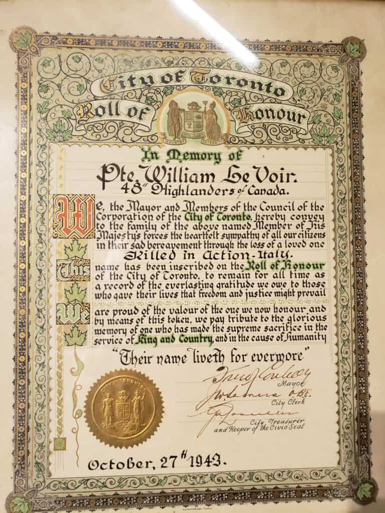 William LeVoir - Memorial Roll of Honour scroll - 48th Highlanders ...